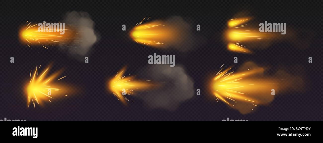 Orange fire effects from gun blast with glowing sparks and smoke trails ...