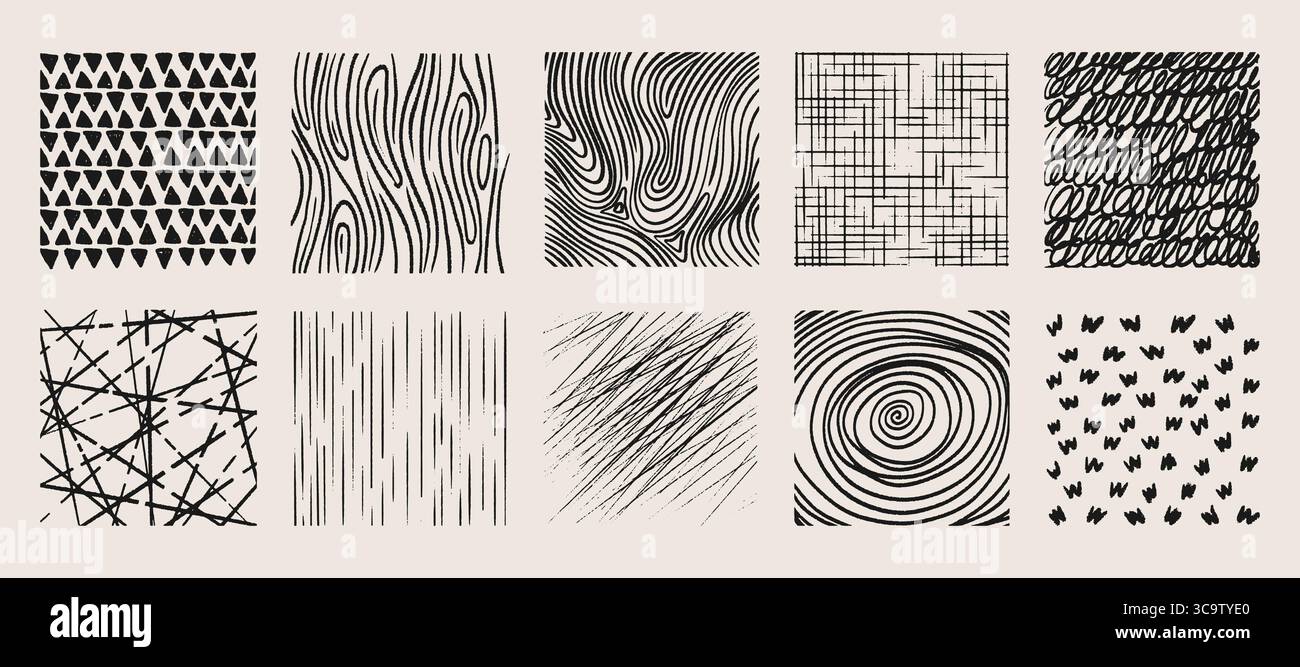 Crosshatch texture patterns set with triangles, wood grain, waves and ...