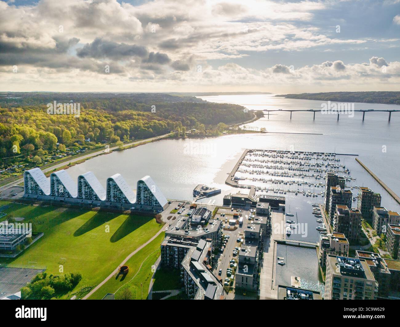 Aerial view of The Wave and the Vejle Fjord Bridge under a sky with ...
