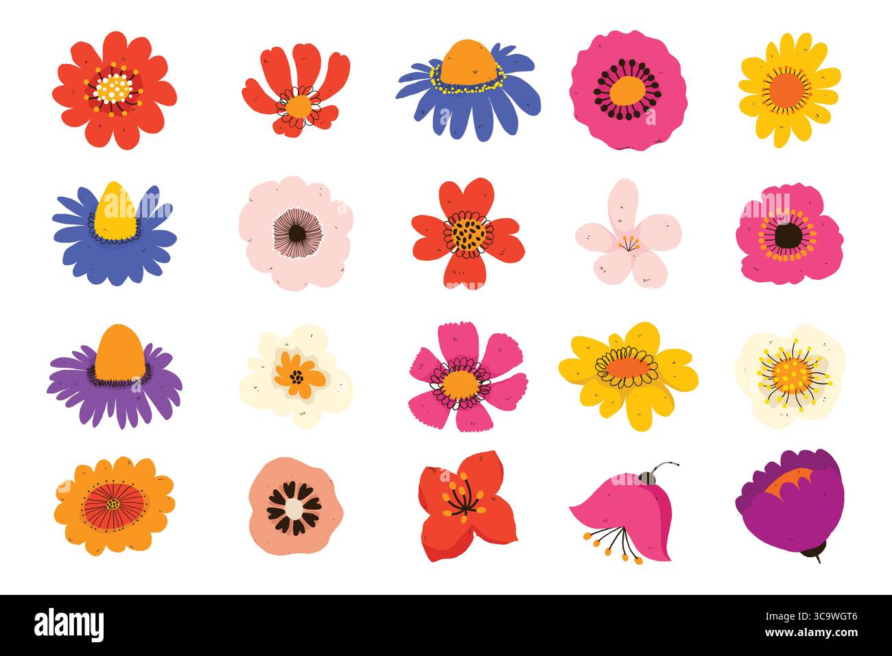 Colorful Cute Flower Heads Collection in Doodle Style. Hand-drawn ...