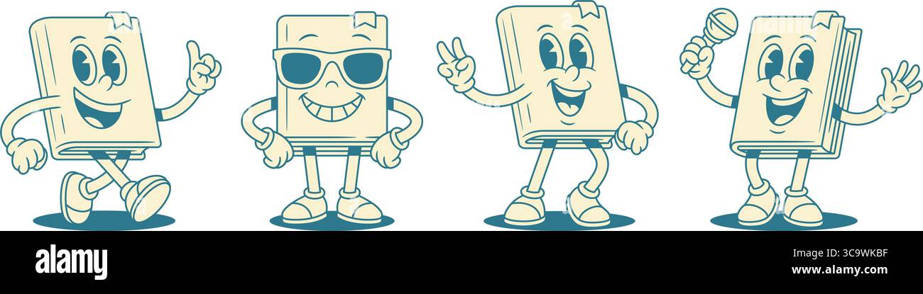 Funky cute childish book cartoon character smiling set vector ...