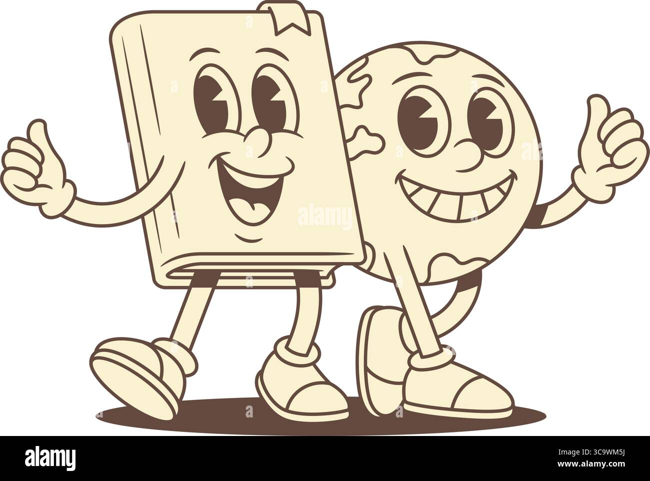 Happy childish book and globe cartoon character friends vector ...
