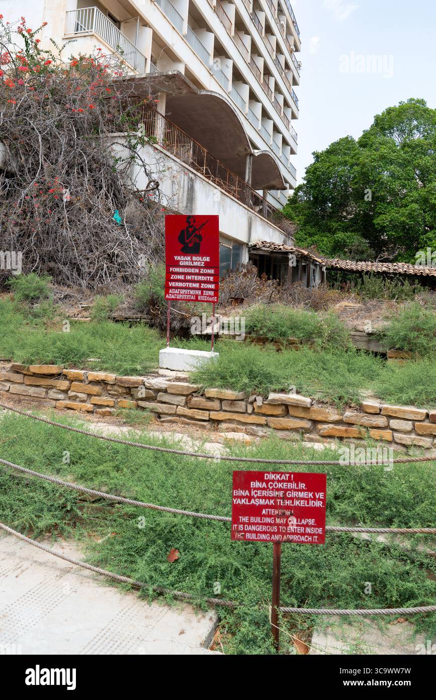 Warning signs such as forbidden zone, building may collapse in the ...