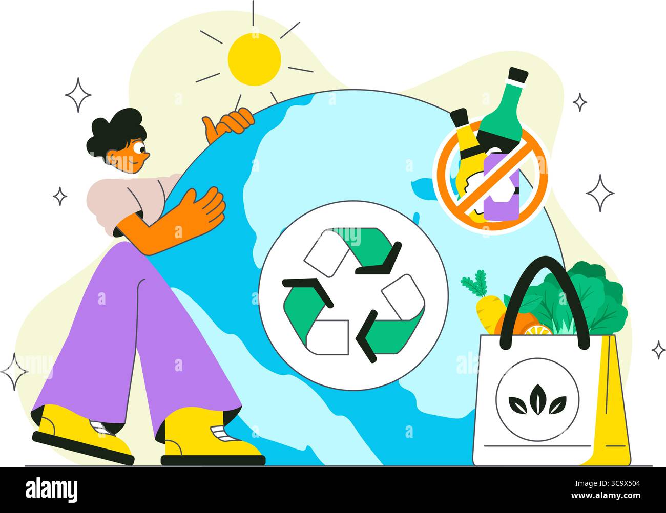 Eco Habit Illustration Featuring People Sorting Waste, Using Eco Bags ...