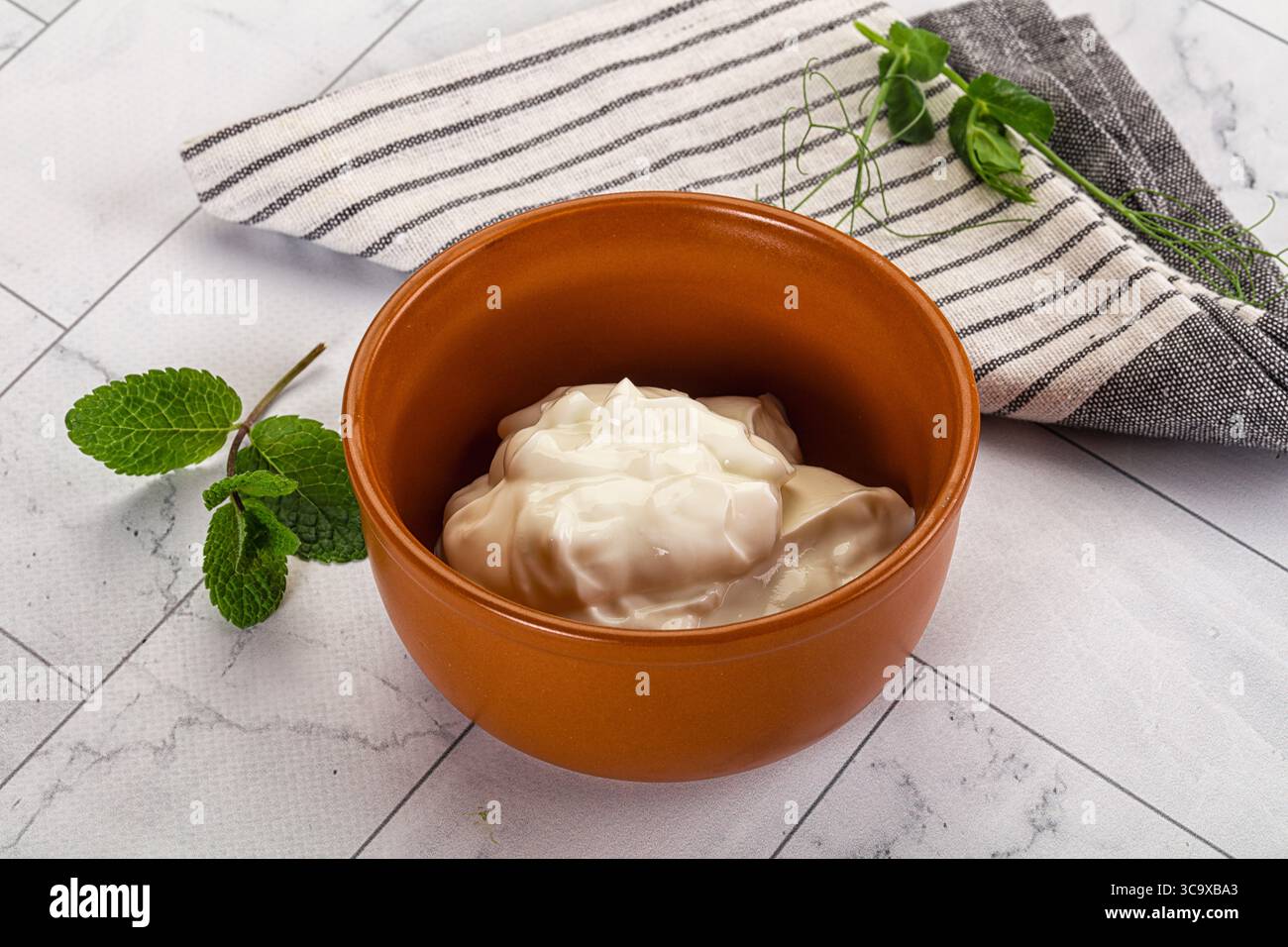 Traditional soft dietary Greek yoghurt served mint leaves Stock Photo ...