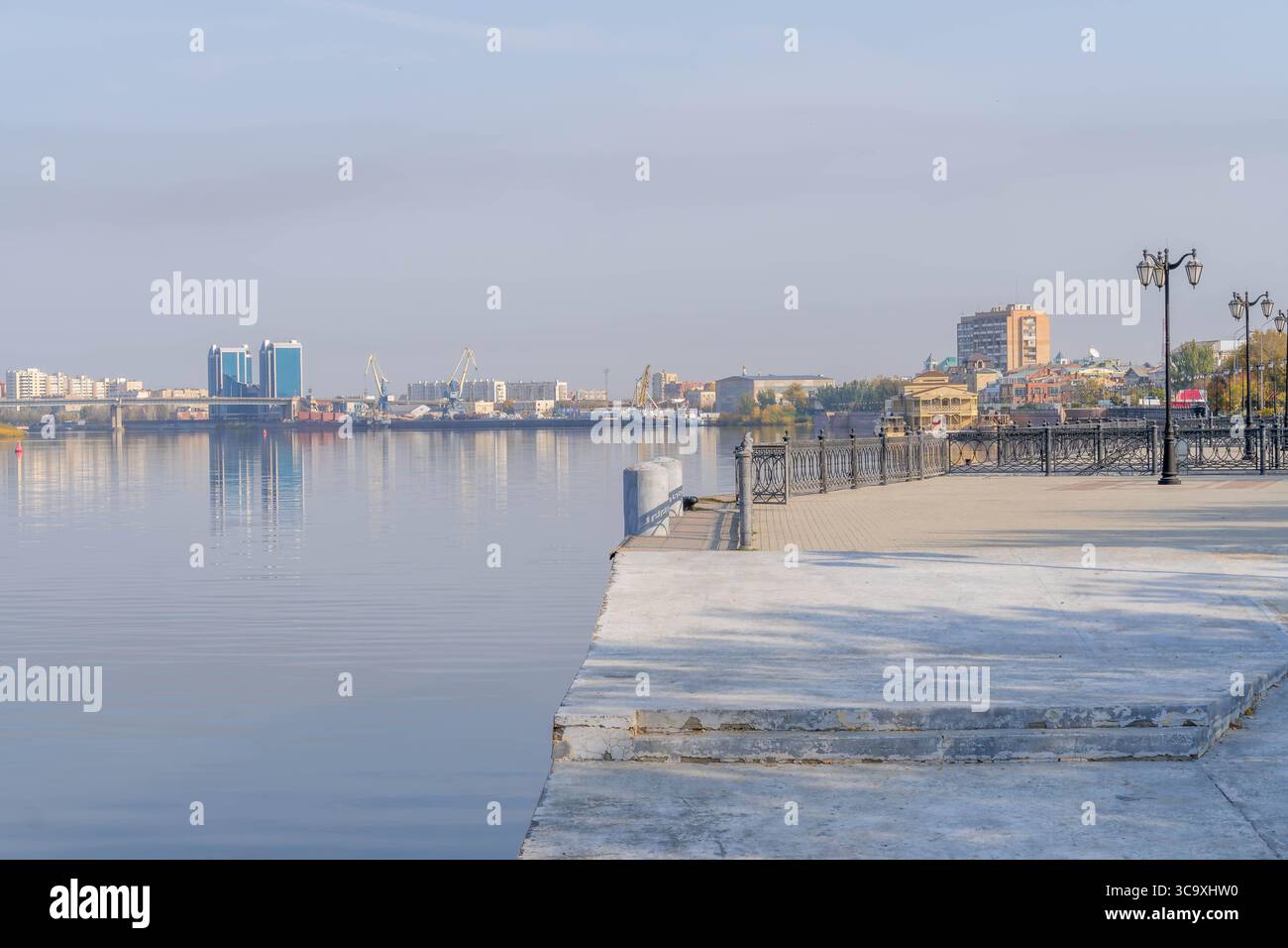 Photo of the Astrakhan waterfront along the Volga River, featuring calm ...