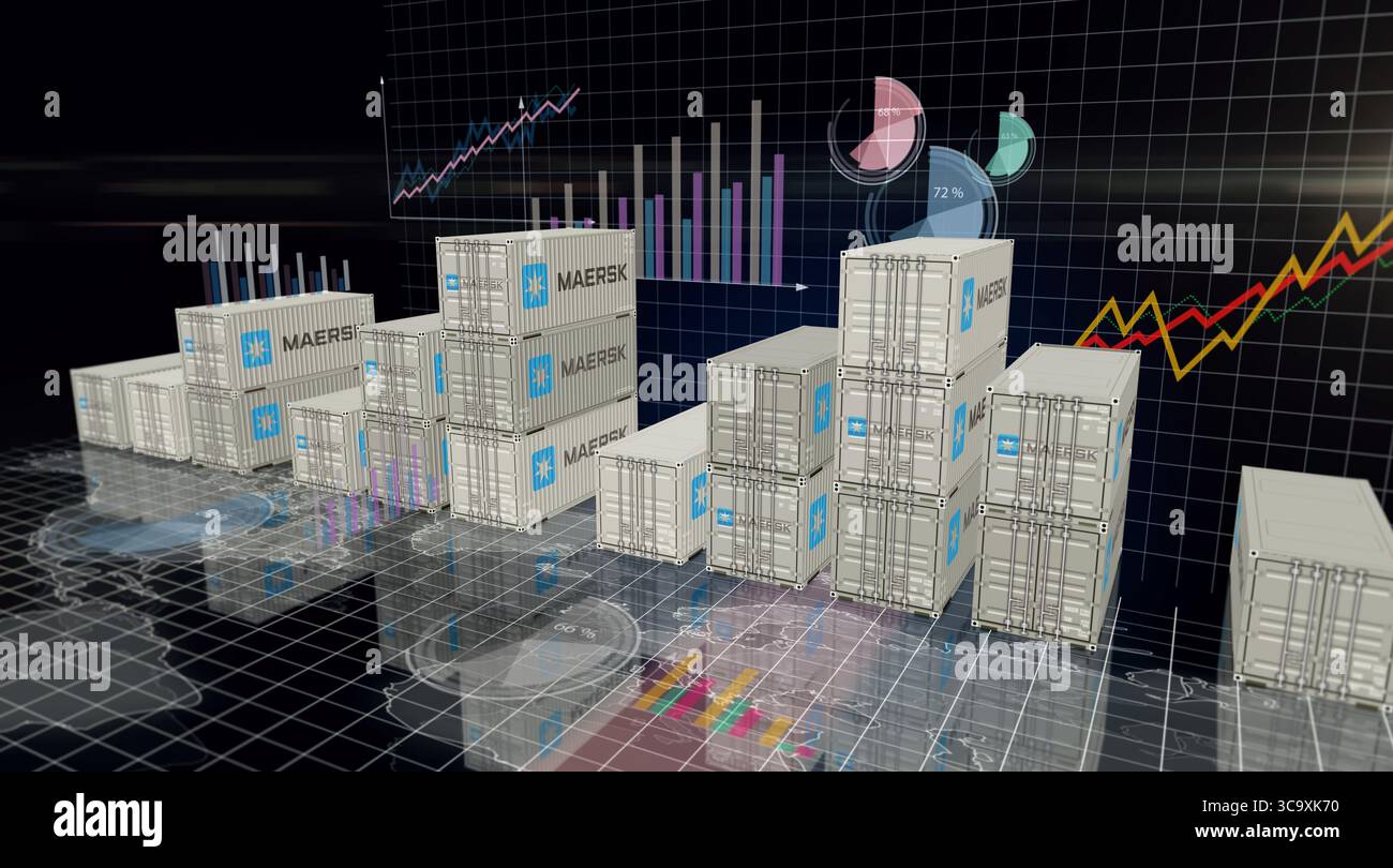 Poznan, Poland, August 3, 2025: Maersk cargo containers on charts and ...