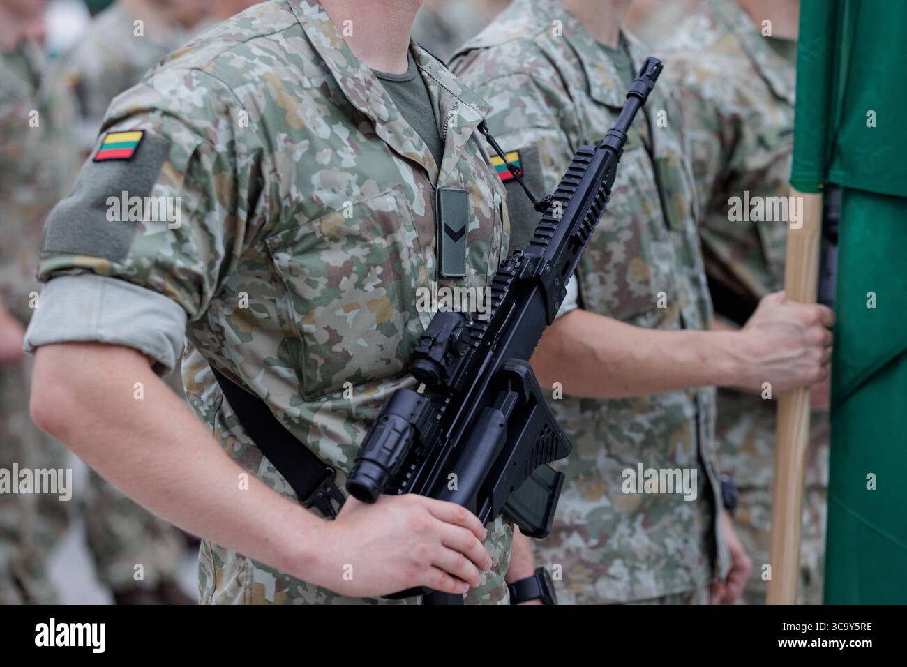 Lithuanian soldiers in camouflage uniforms standing in formation ...
