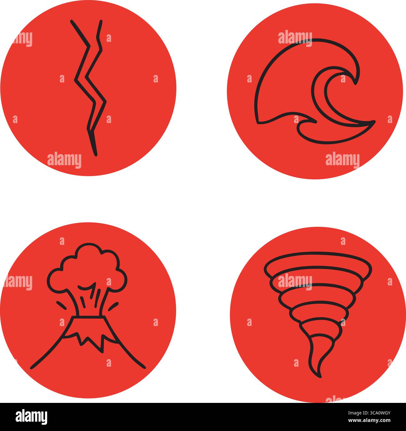 A set of four red-circle icons illustrating a jagged fault line ...