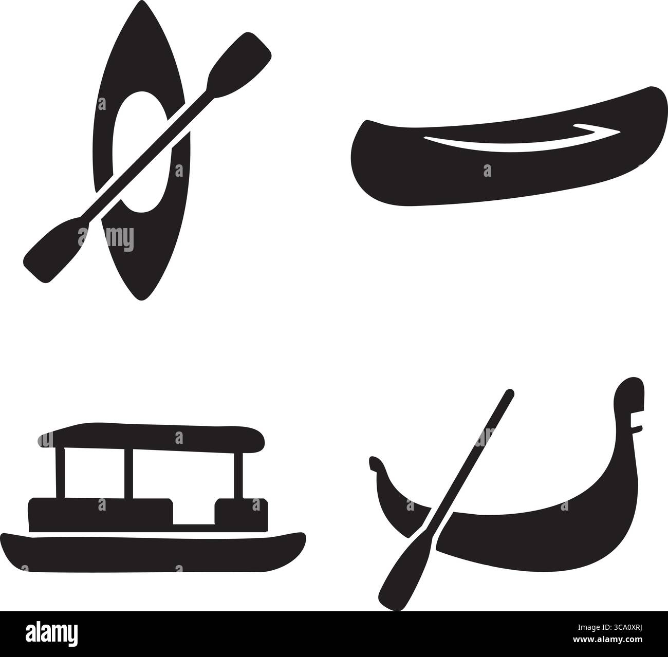 Four black silhouette icons representing a kayak with paddle, a canoe ...