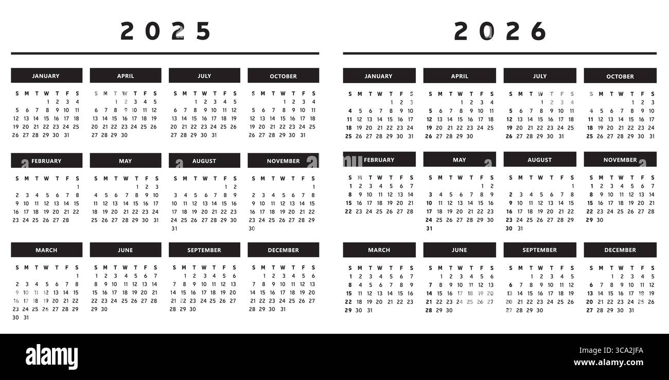 2025 and 2026 Calendars with Boxes in Black and White Colors 4 Columns ...