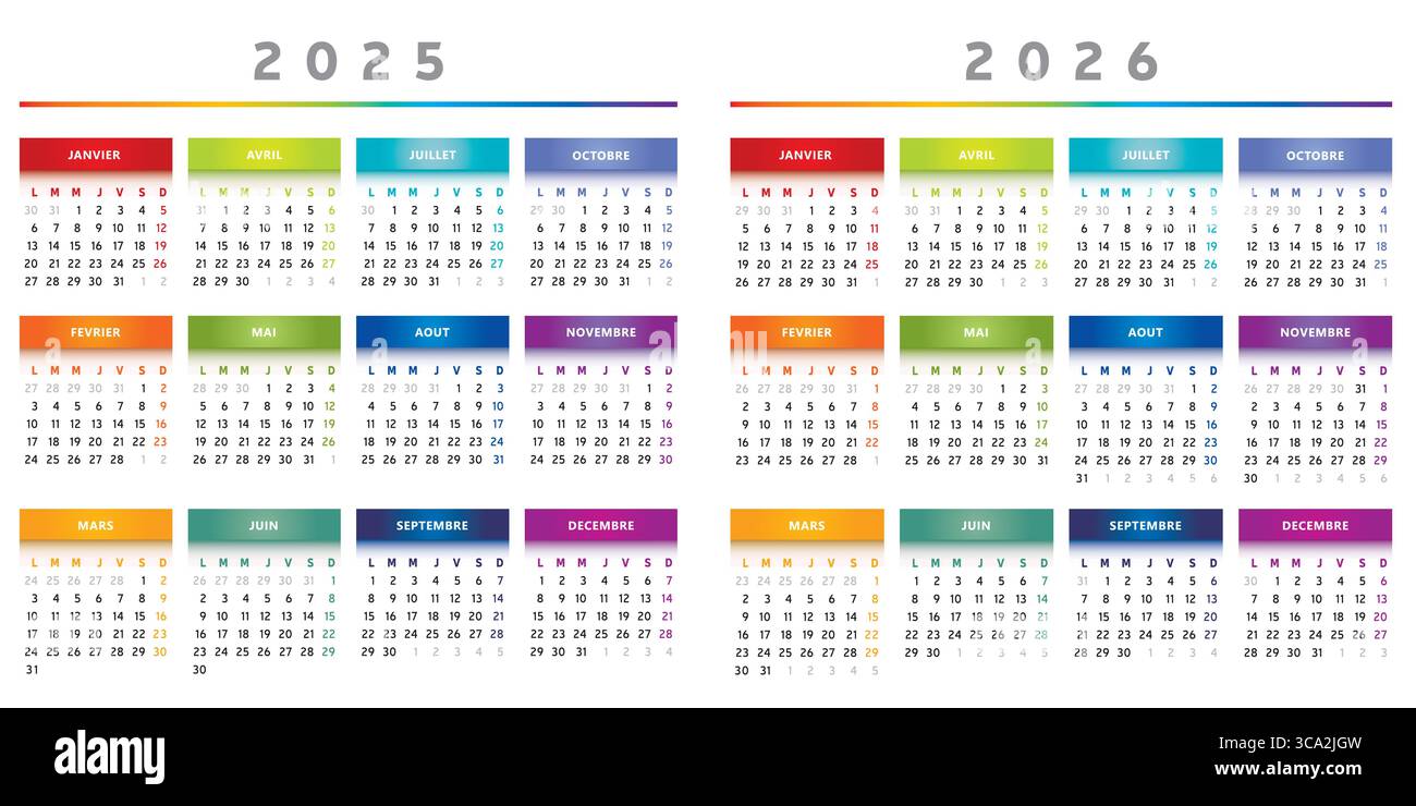 2025 and 2026 Calendars with Boxes in Rainbow Colors 4 Columns - French ...