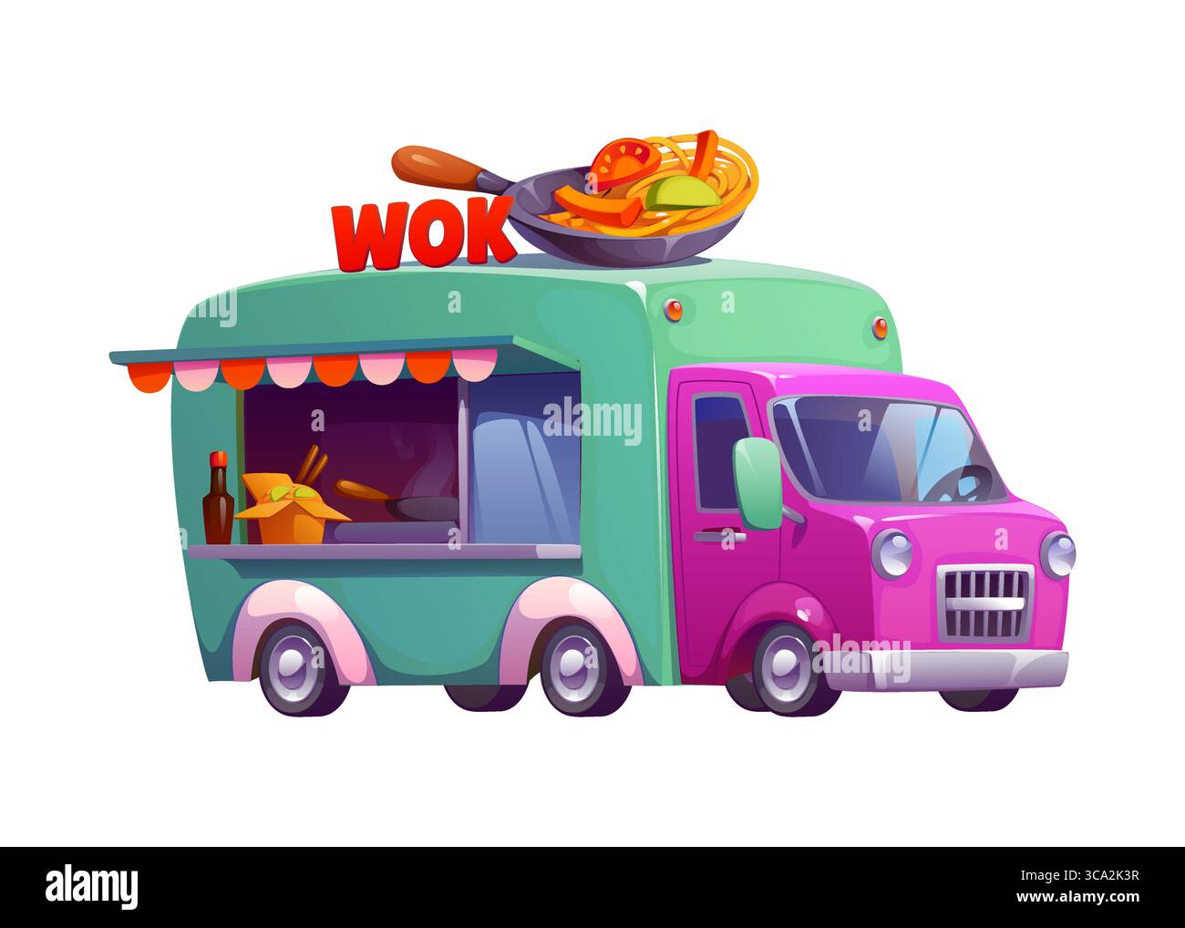 Wok street food truck, vintage festival foodtruck car. Cartoon catering ...