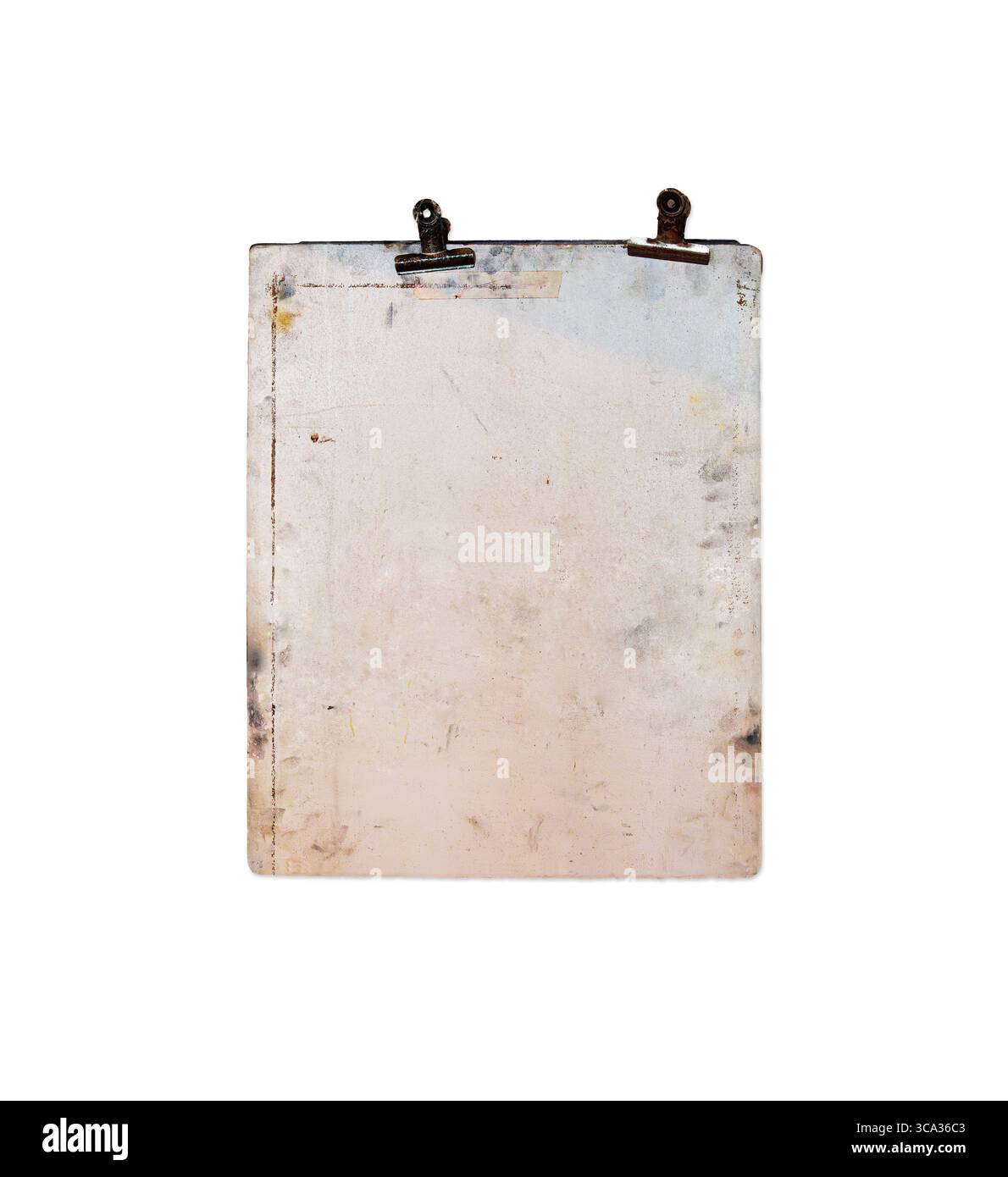 An old, stained clipboard with two rusty metal clips isolated on white ...