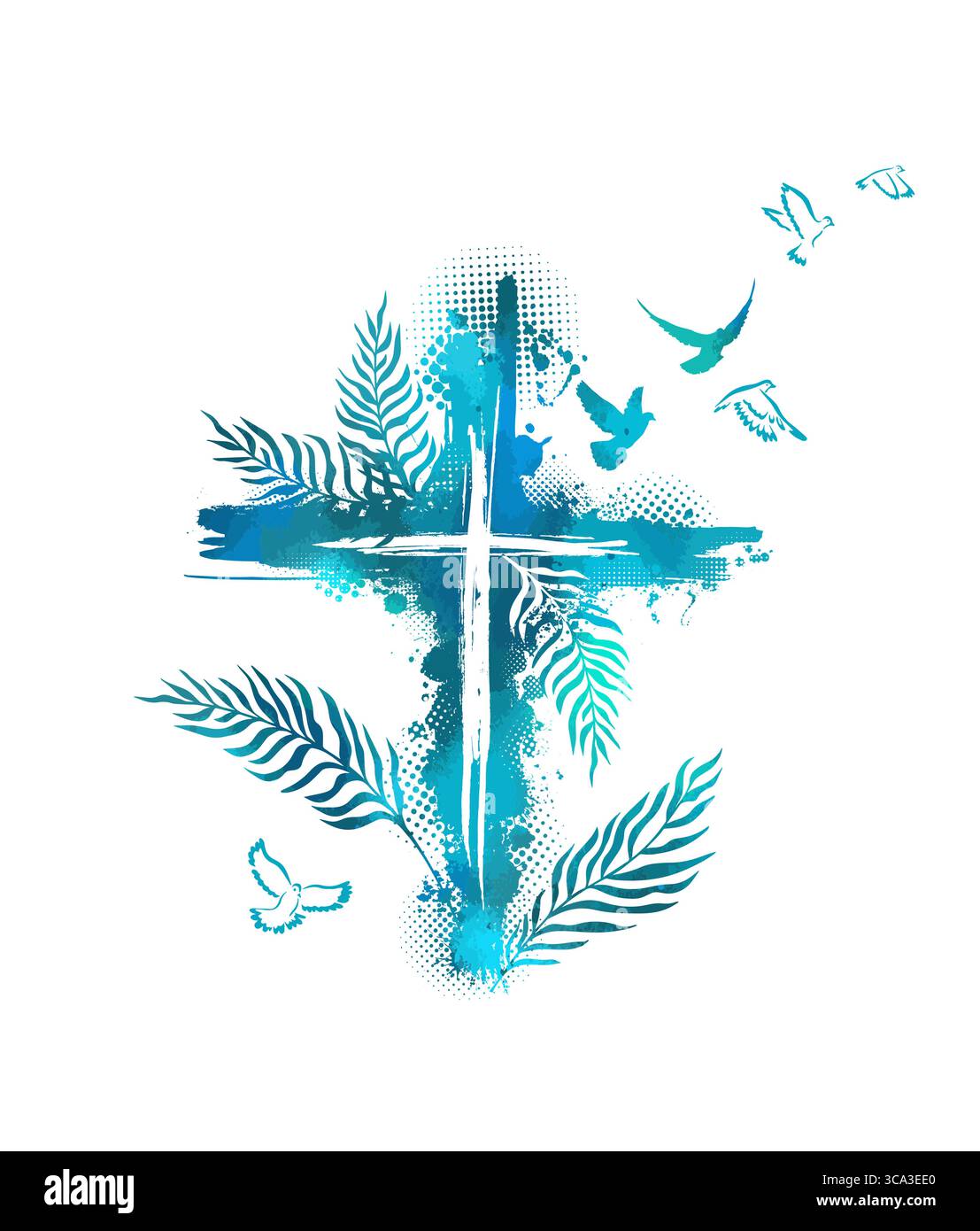 Cross with palm leaves blue. hand drawn. Not AI, Vector Stock Vector ...