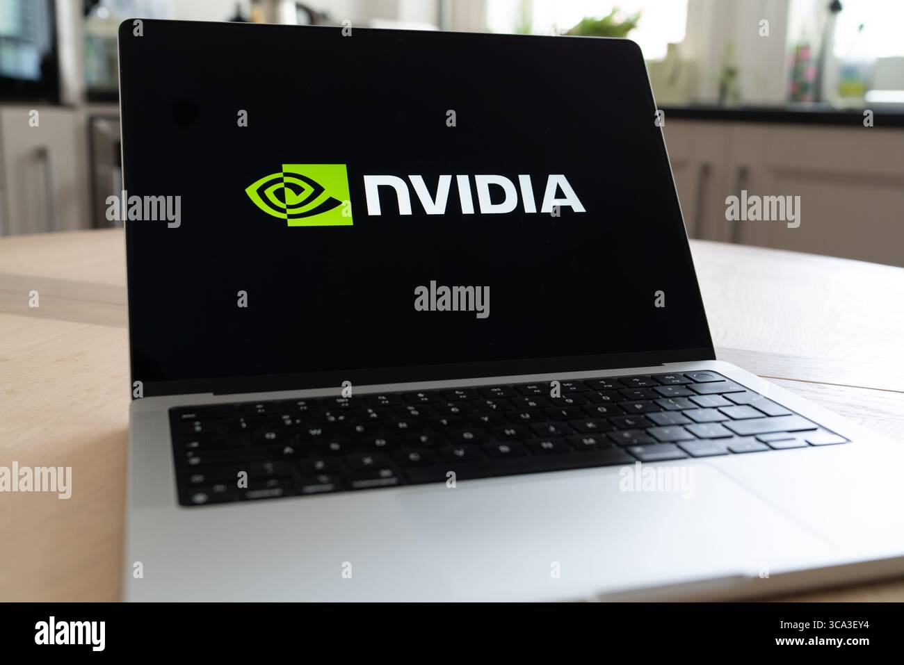 August 2025 Laptop computer featuring a large white on black logo of the tech giant nVidia ...
