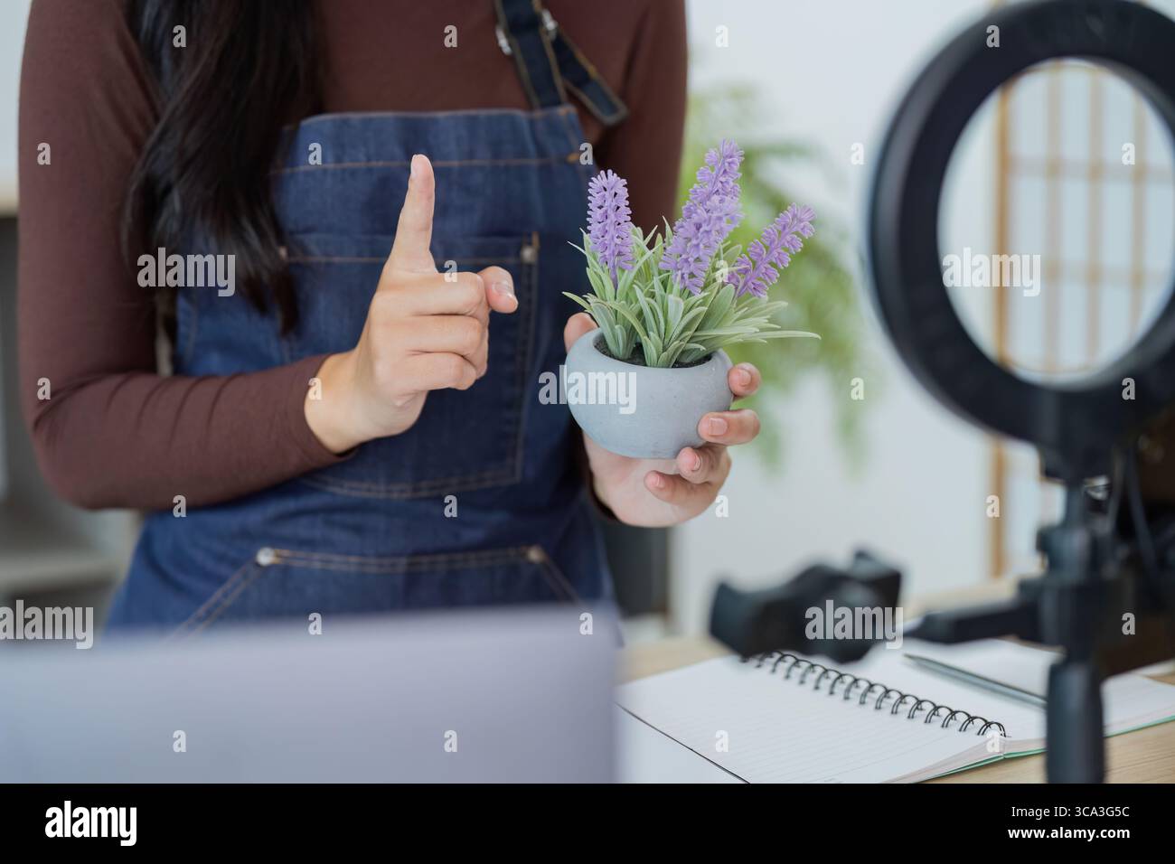Plant Care. Woman demonstrating plant care tips during video call Stock ...