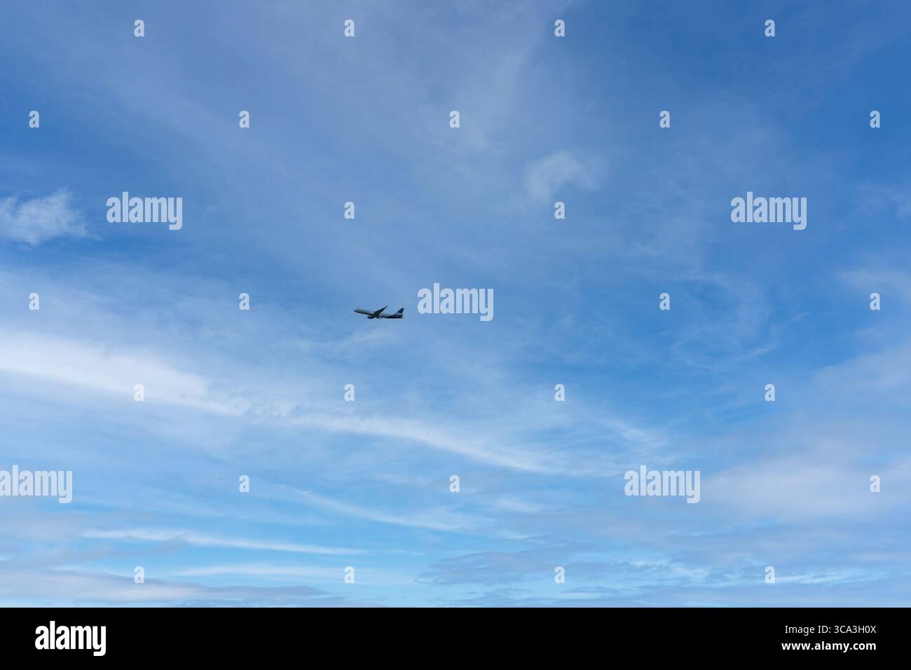 The SAS airplane is flying in the blue sky. Copenhagen, Denmark ...