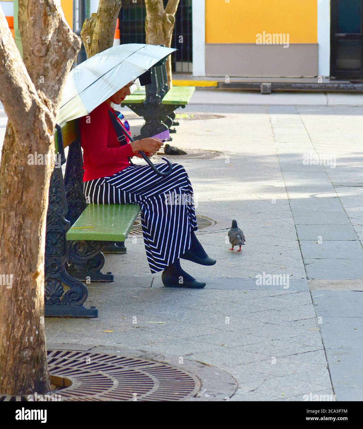 Lady with umbrella in Old San Juan, Puerto Rico city park. Umbrella is ...
