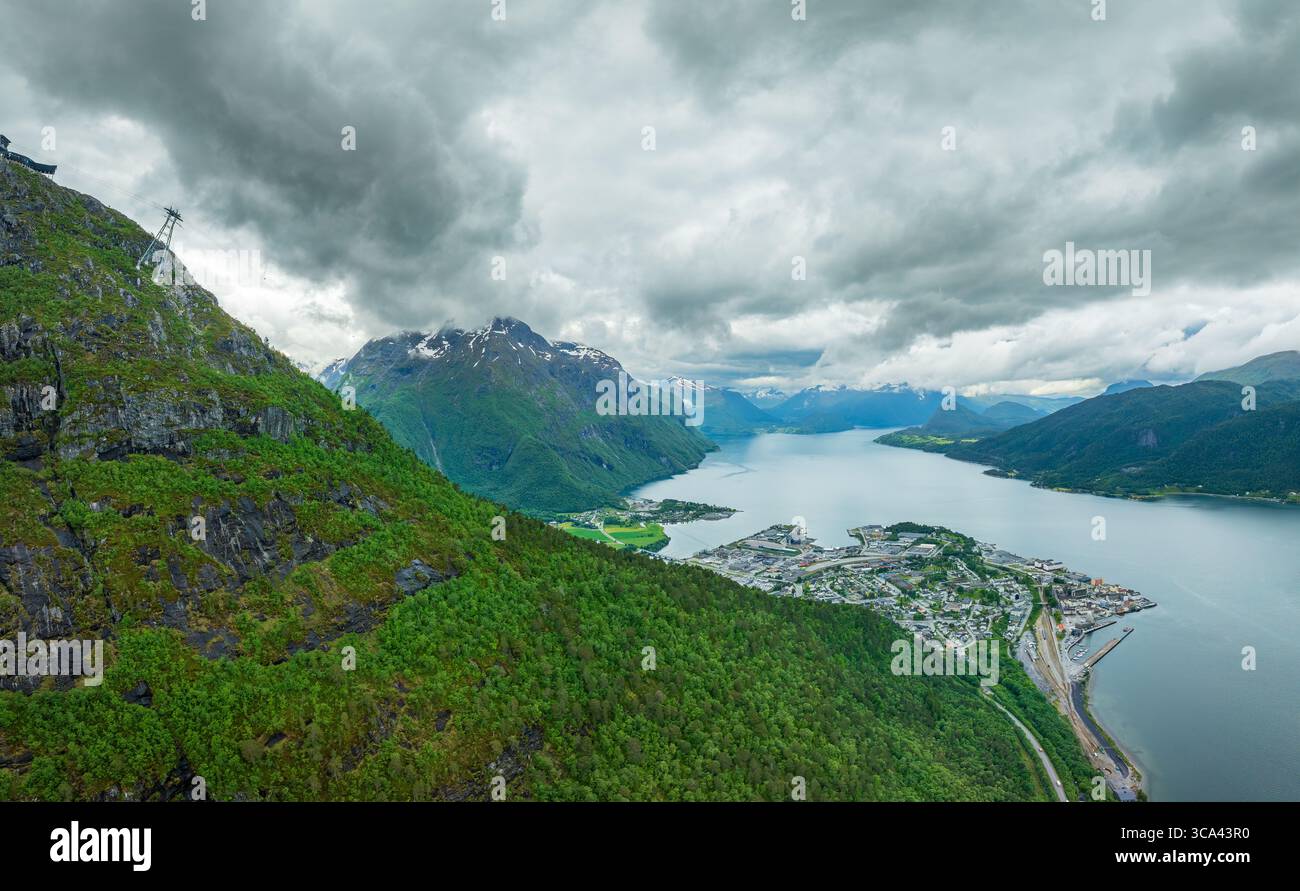 aerial view over the Norwegian town Andalsnes. with in the top left ...