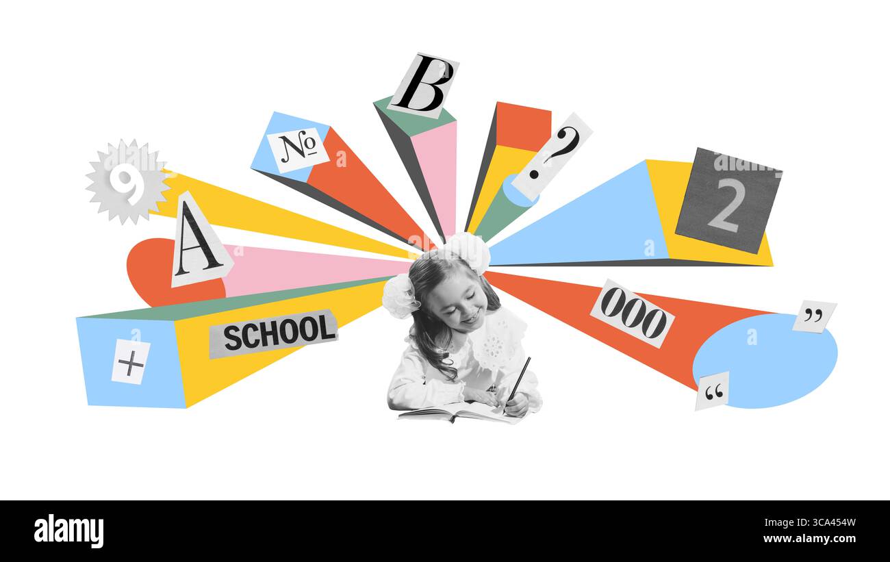 Contemporary collage of smiling schoolgirl writing with flying letters ...