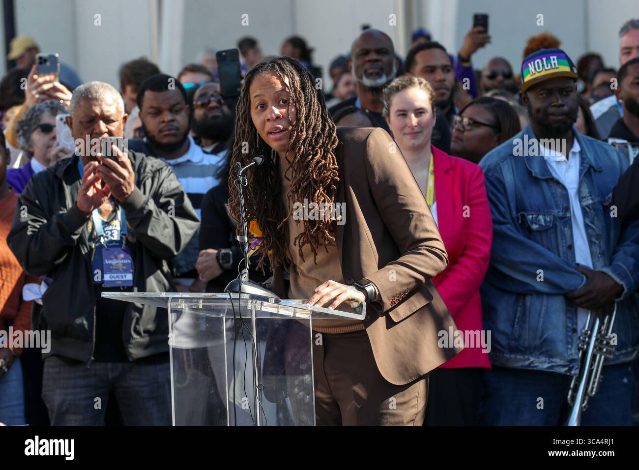 January 15, 2023: Seimone Augustus speaks to the crowd outside the PMAC ...