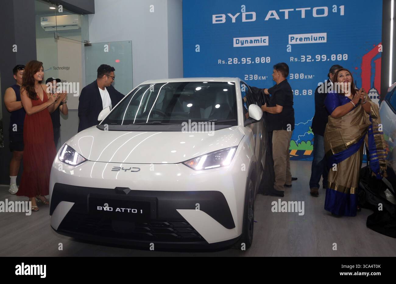 August 6, 2025: Visitors look on the newly launched BYD Atto 1(Seagull) electric SUV at Nepal's ...