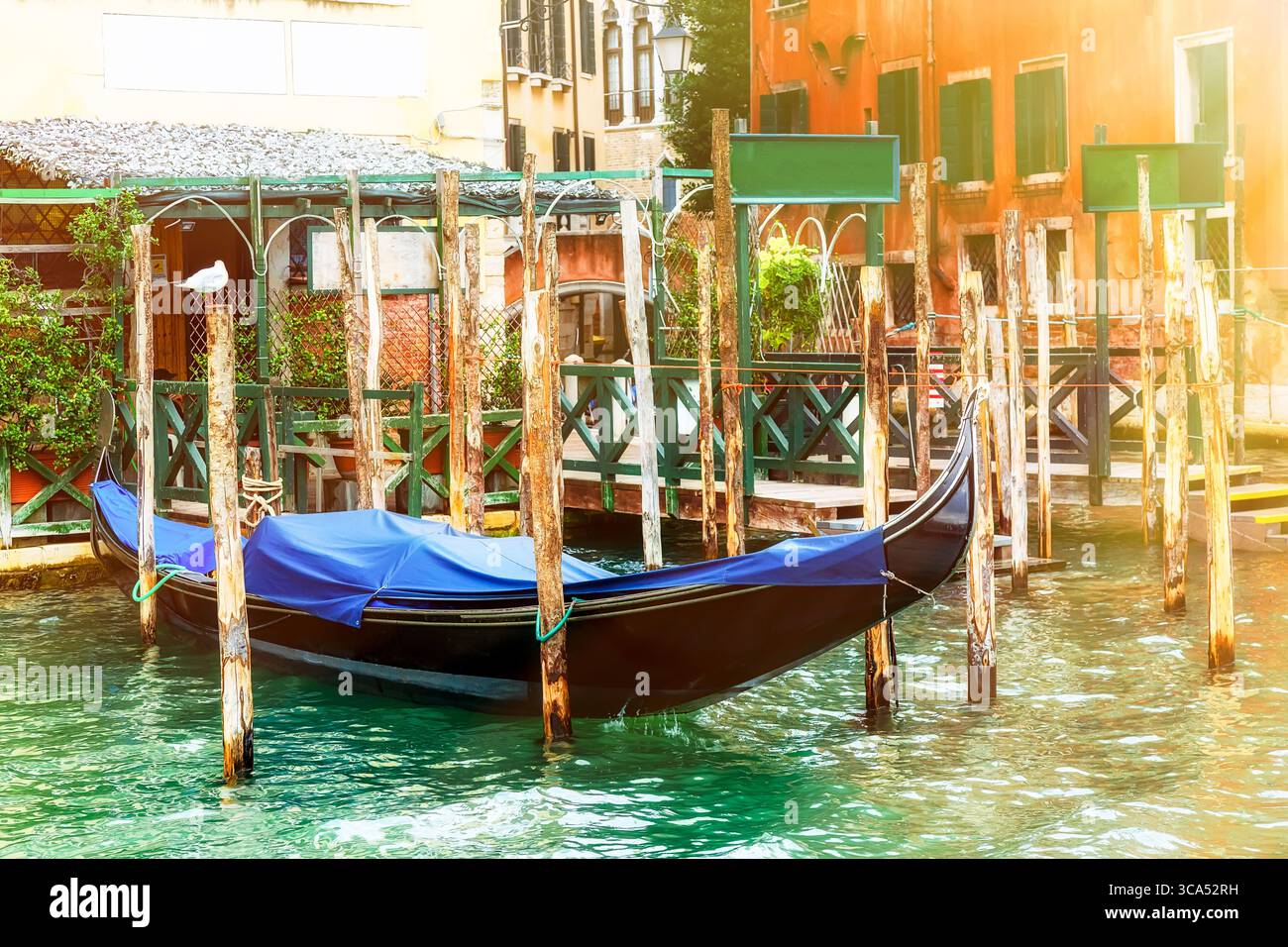 Canal with gondola in Venice with gondola service sign. Tourism concept ...