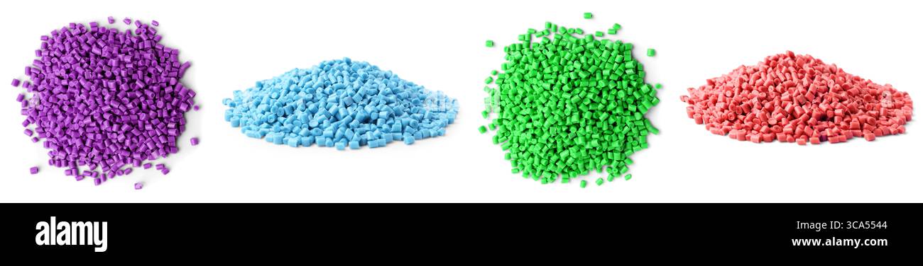 Plastic granules in different colors. Piles on white background, set ...