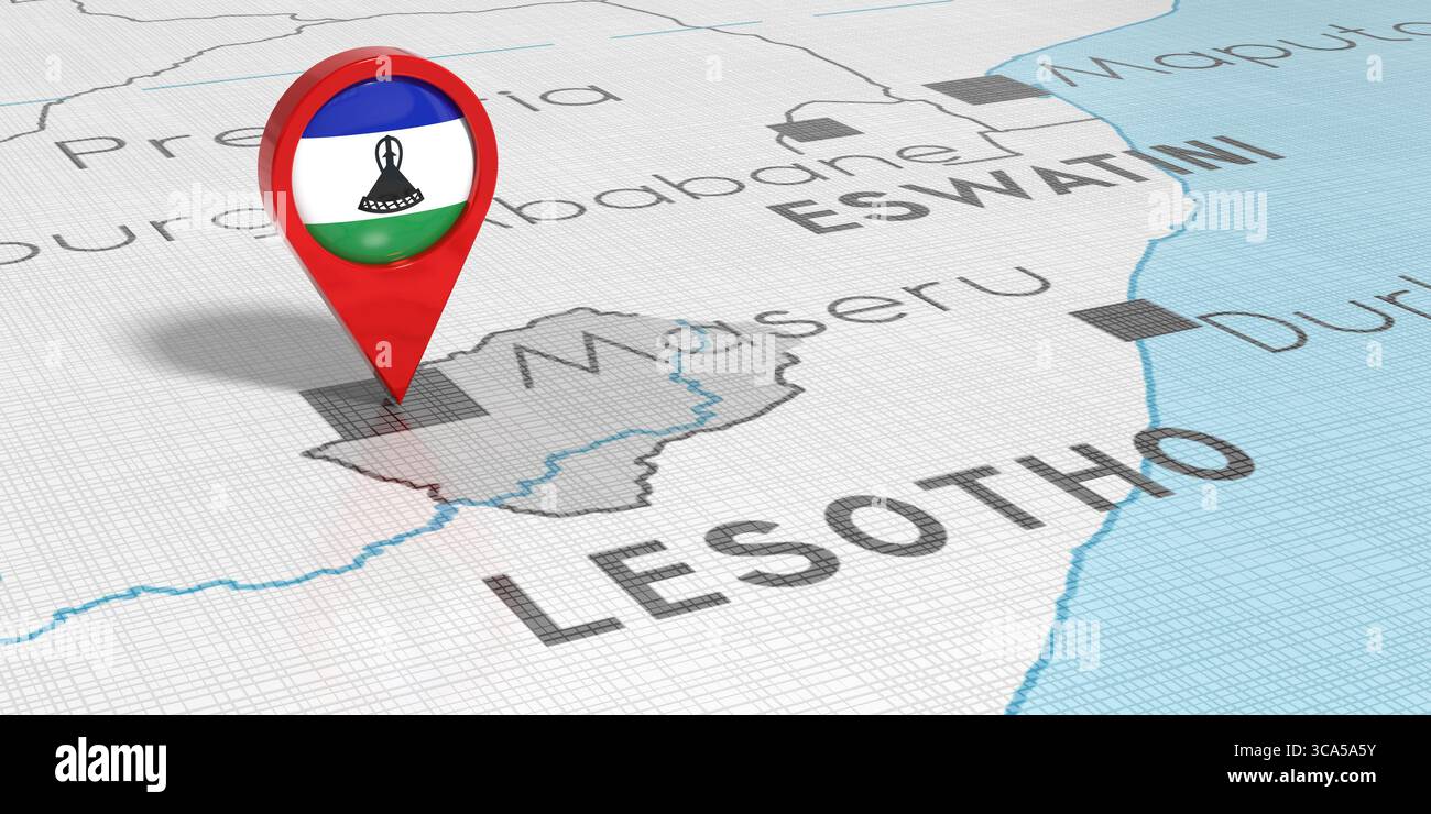 Lesotho, Maseru - location pin with national flag on political map - 3D ...