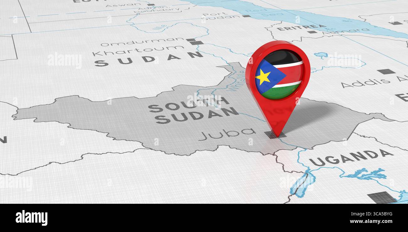 South Sudan, Juba - location pin with national flag on political map ...