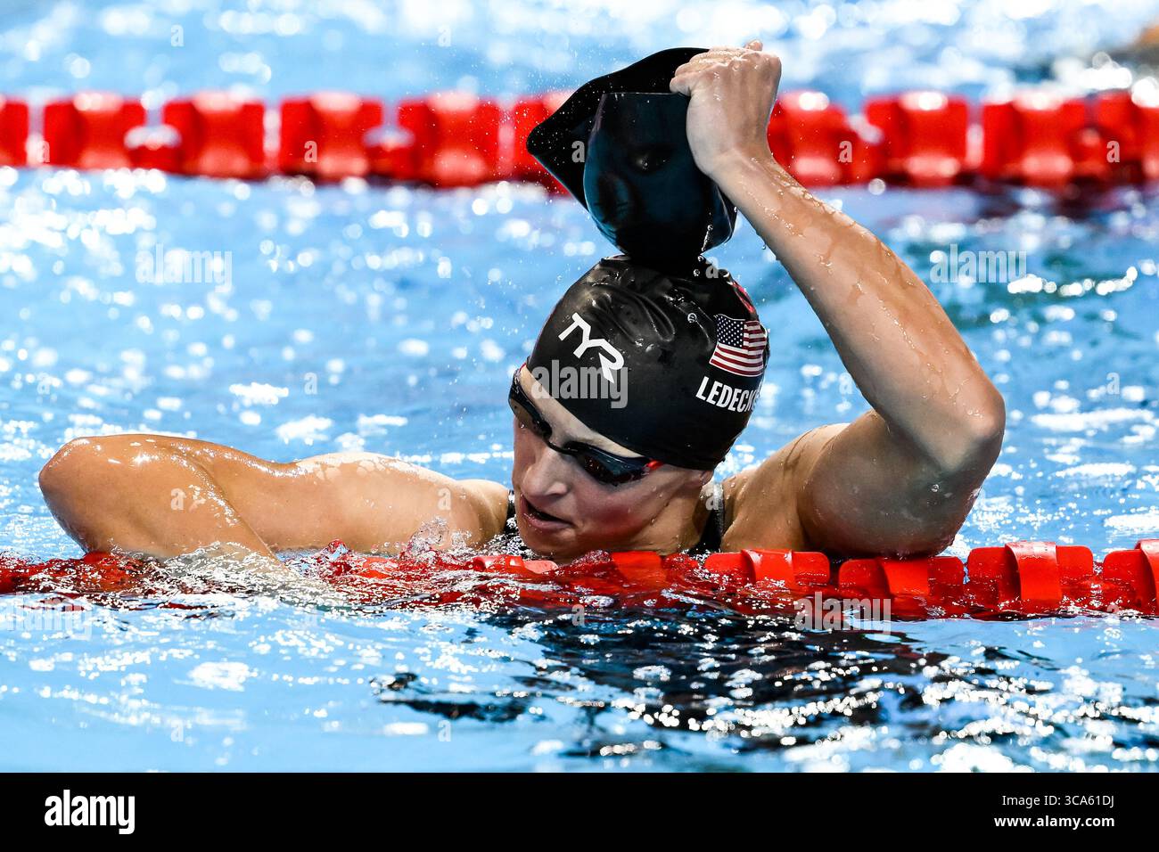 Katie Ledecky of United States of America reacts after winning the ...
