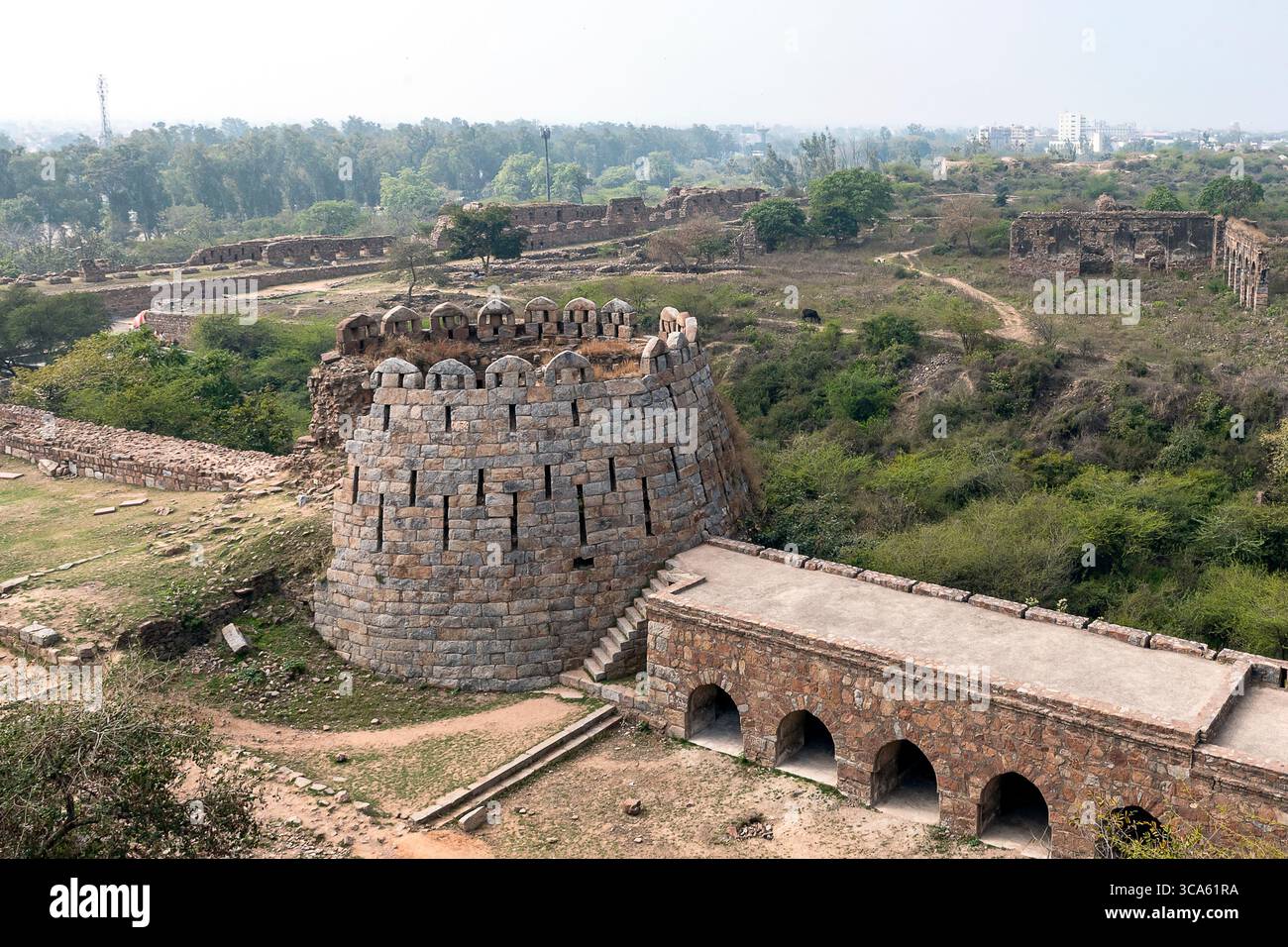 The sprawling ruins of Tughlaqabad Fort, a massive 14th-century stone ...
