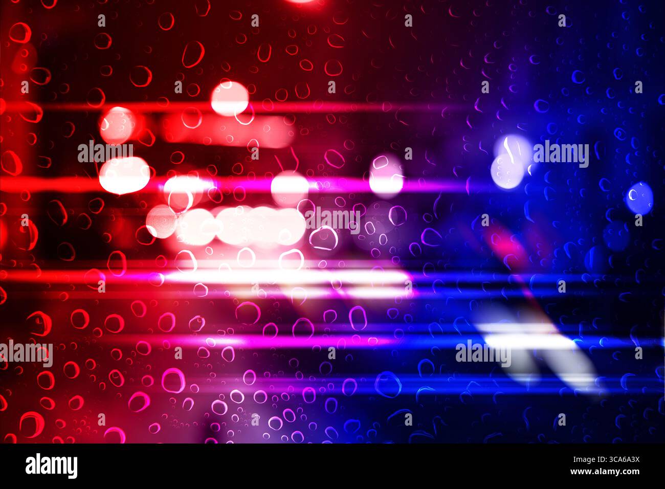 Police red and blue lights in city at night, blurred view through wet ...