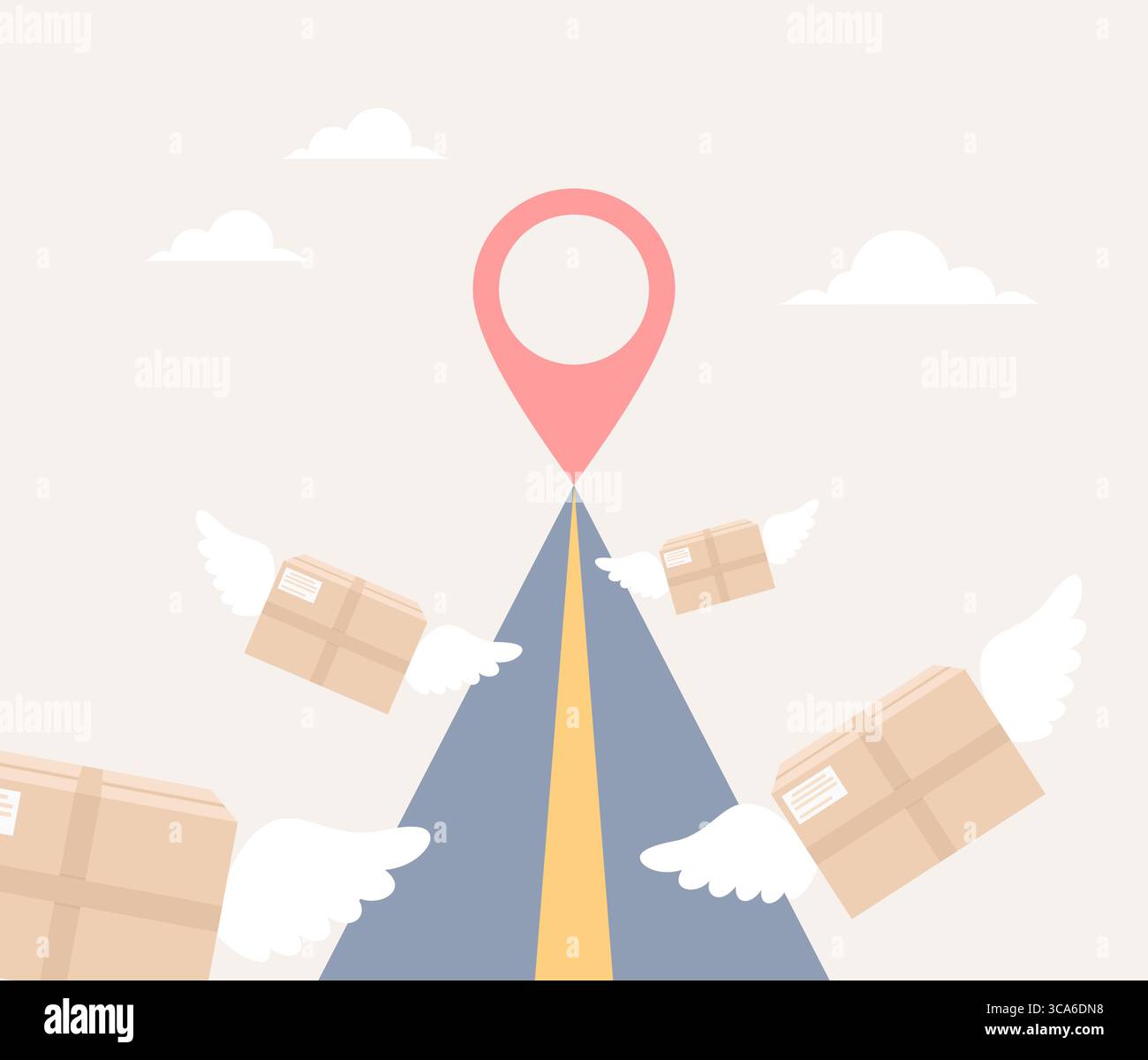 Delivery boxes with wings flying to a large location pin icon at the ...