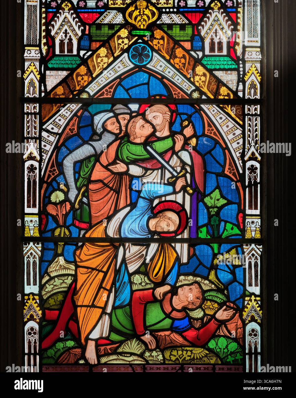 Stained glass window, of Judas betraying Jesus whilst Pet attacks a ...