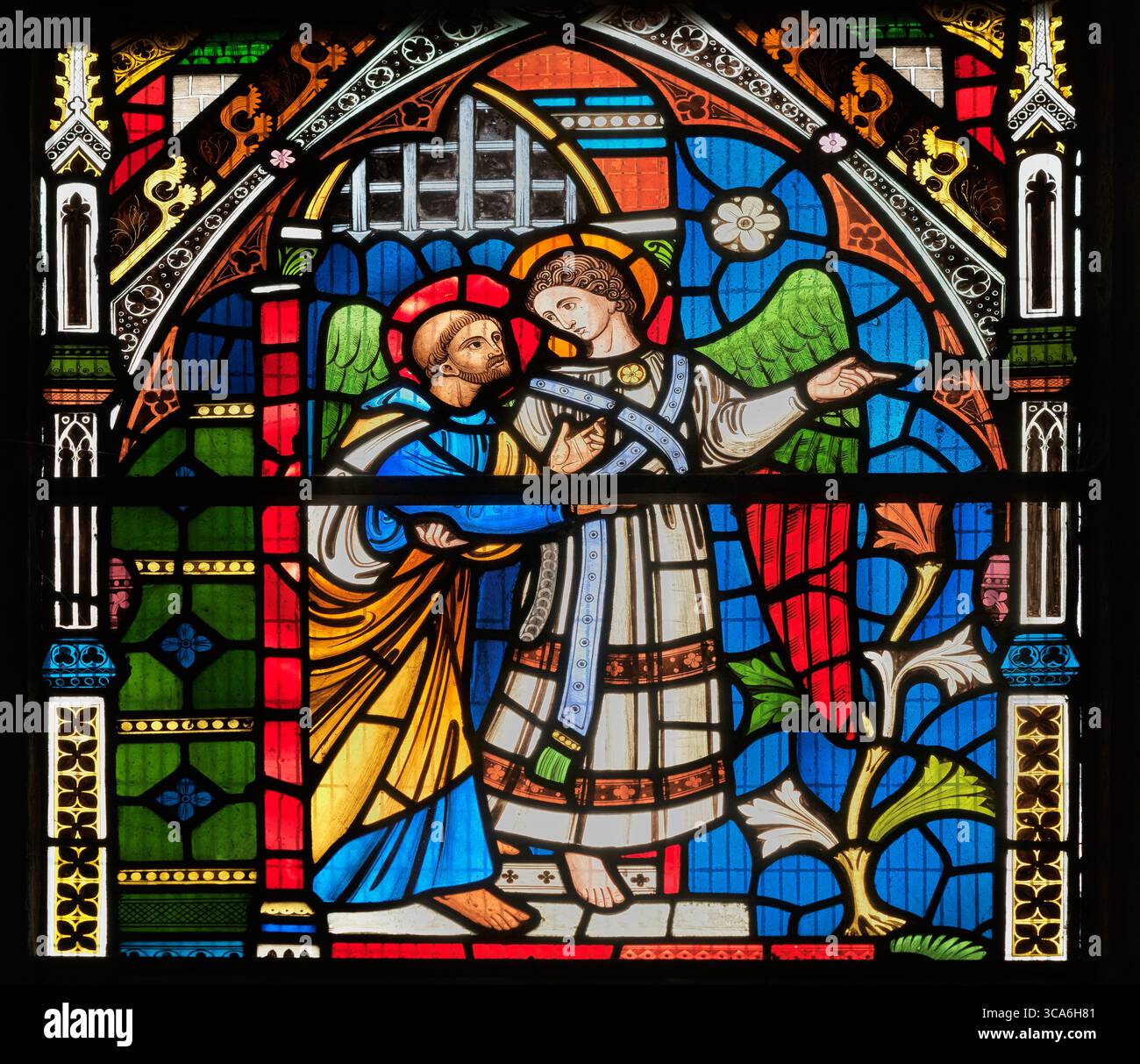 Stained glass window, of Peter rescued from prison by an angel, in the ...