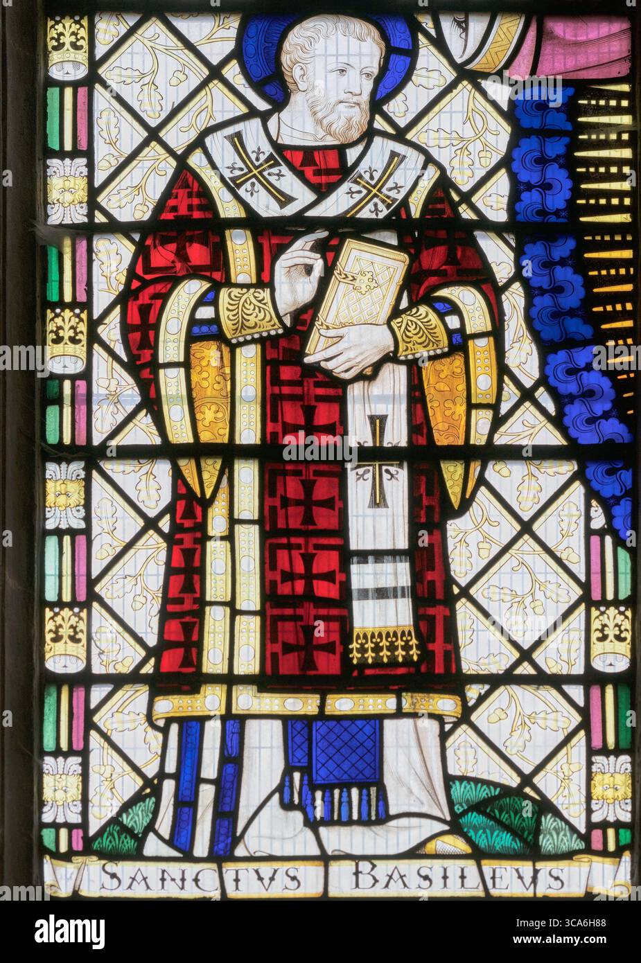 Stained glass window, of St Basil, in the christian cathedral at Ely ...