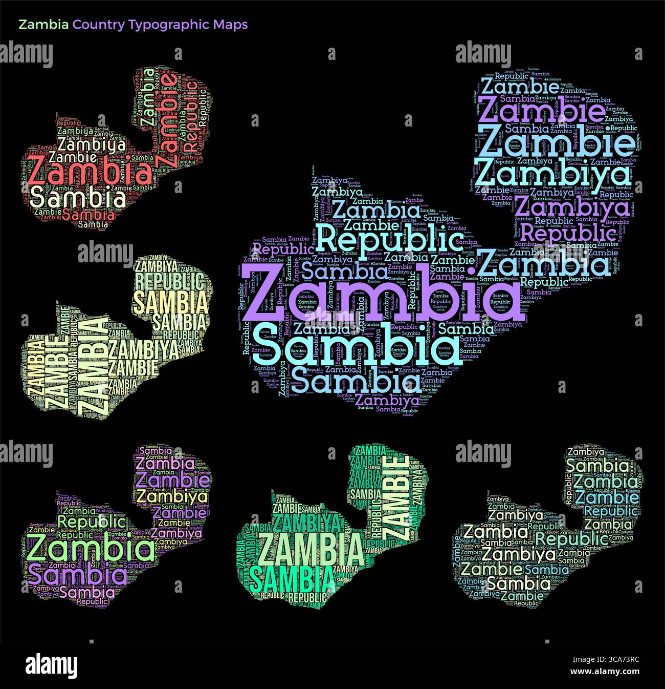 Zambia. Set of typography style country illustrations. Zambia map shape ...