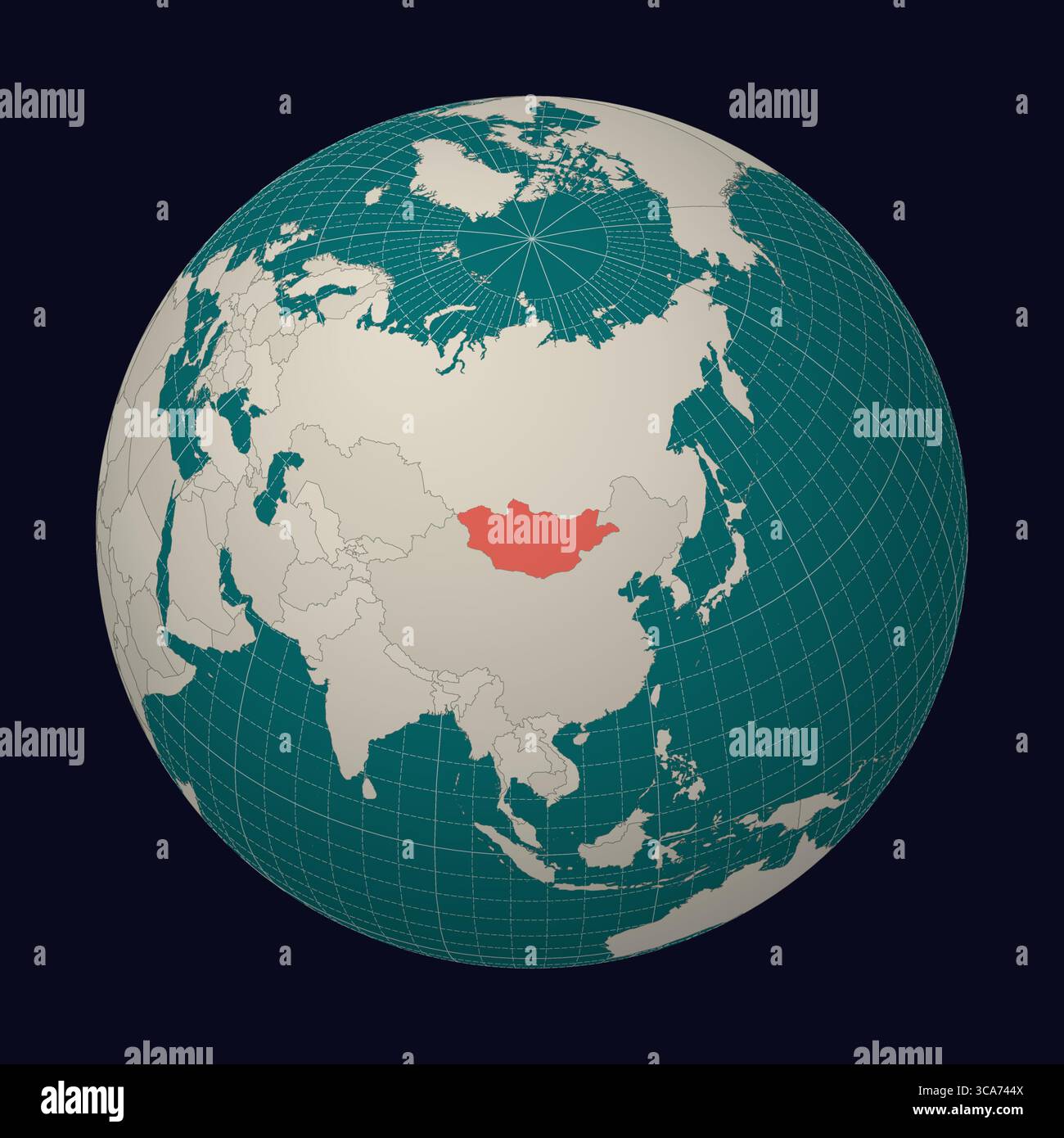Mongolia on the map. Globe centered on Mongolia. Country location on ...