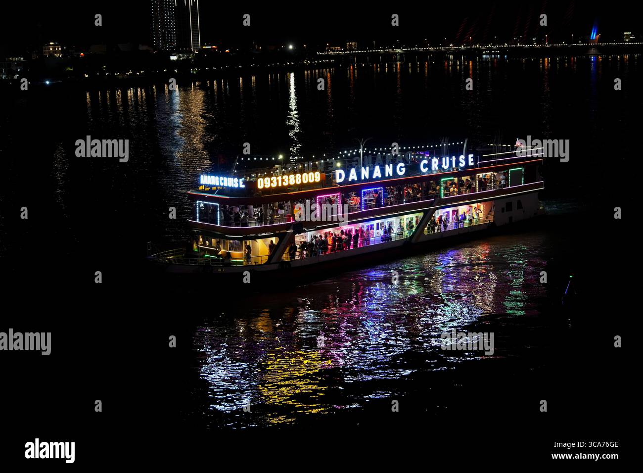 Night View of Da Nang City with Excursion Boat on Han River, Vietnam ...