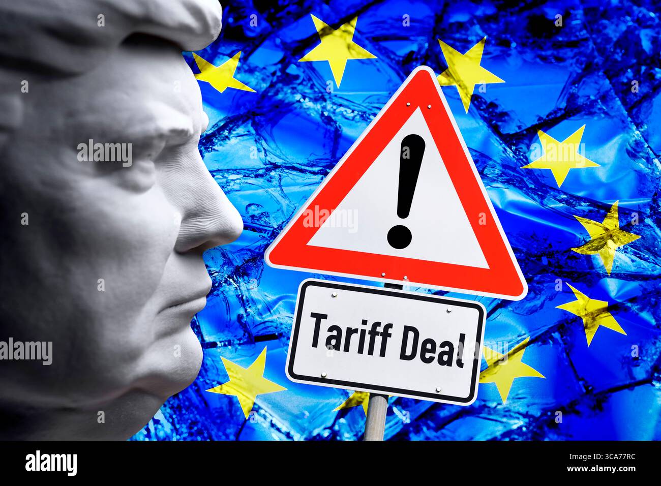 FOTOMONTAGE, Trump-Büste vor EU-Fahne in Scherben und Schild mit Aufschrift Tariff Deal ...