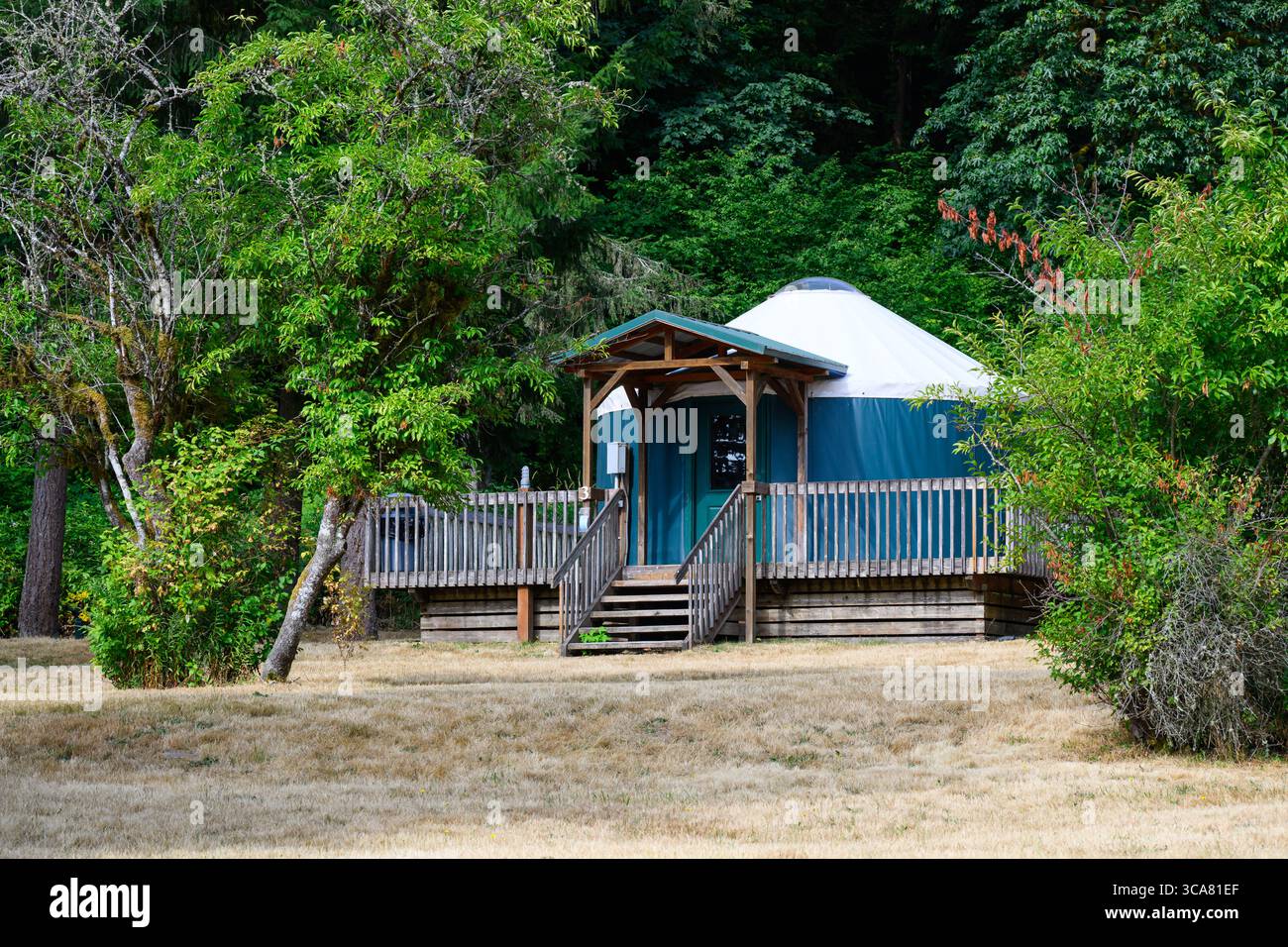 Yurt camping structure in rural setting in summer offering elevated ...