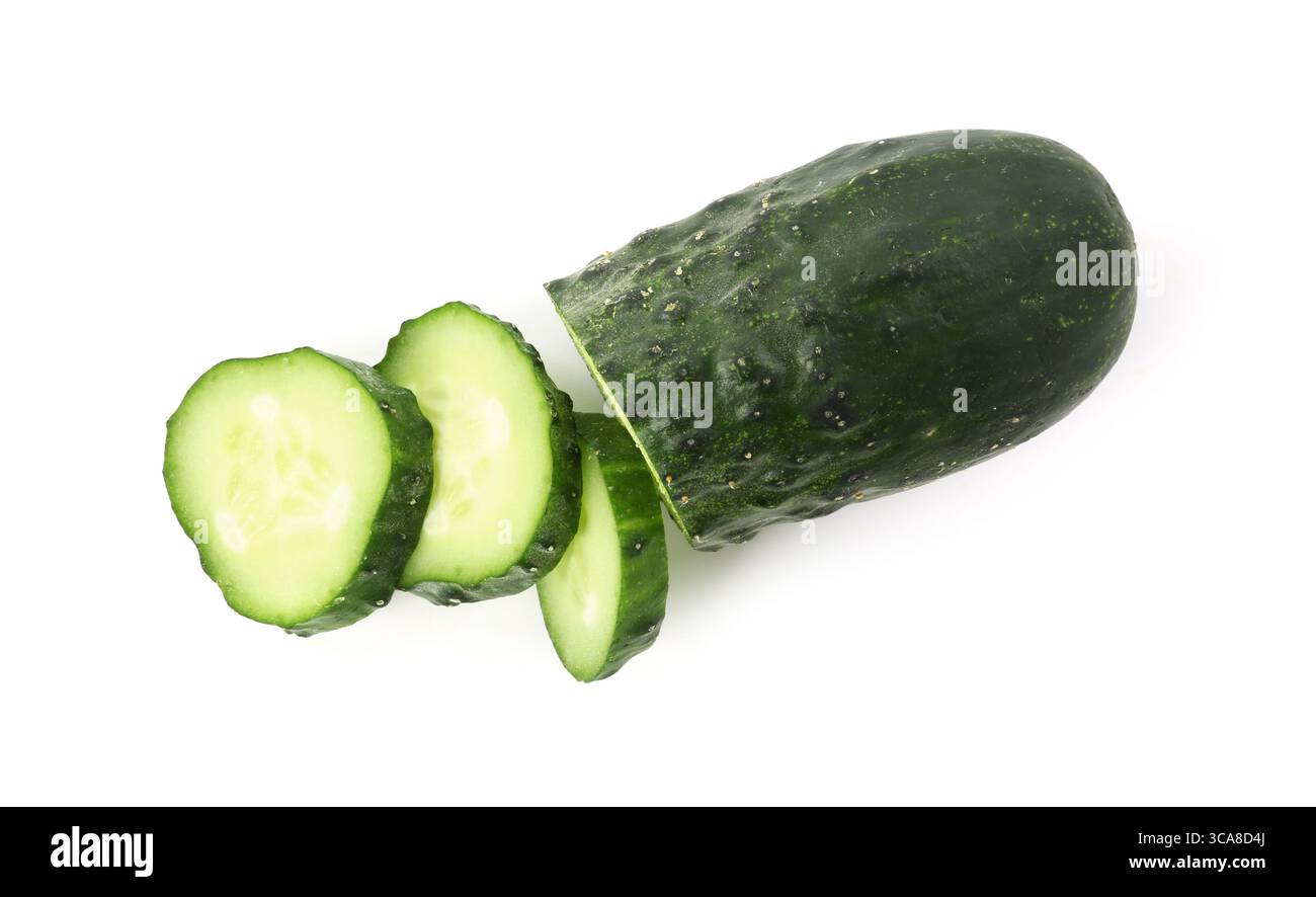Slices of fresh cucumber isolated on white, top view Stock Photo - Alamy