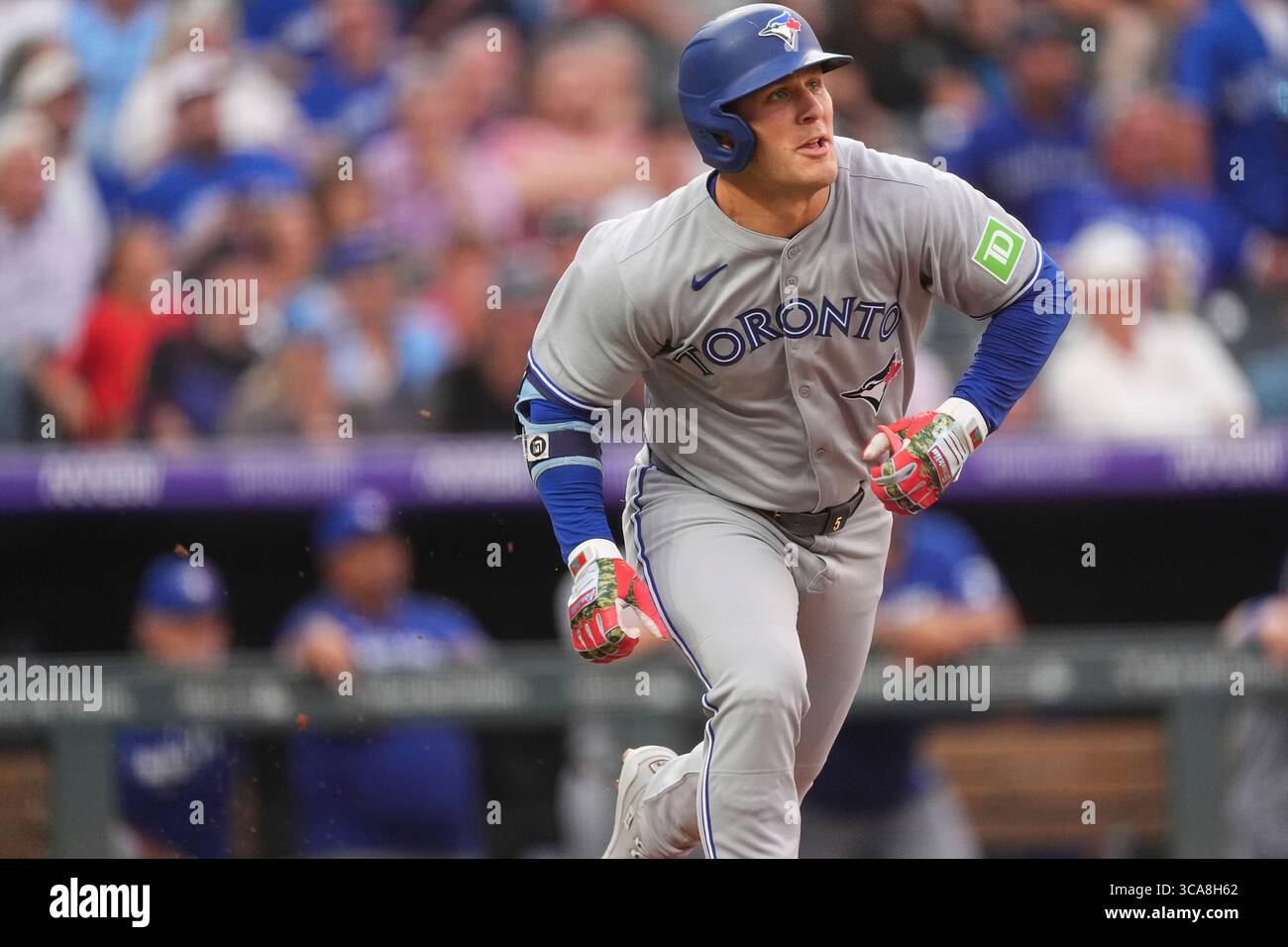 Toronto Blue Jays center fielder Daulton Varsho (5) in the fourth ...