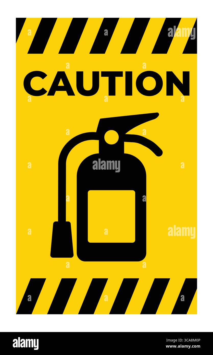 A caution safety sign featuring a fire extinguisher on a vibrant yellow ...