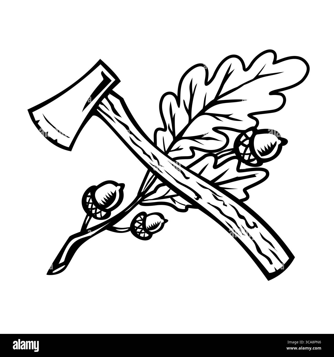 Retro style illustration of a wood axe and oak branch with leaves and ...