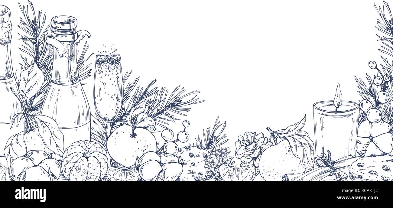Horizontal hand drawn line art graphic illustration features a ...