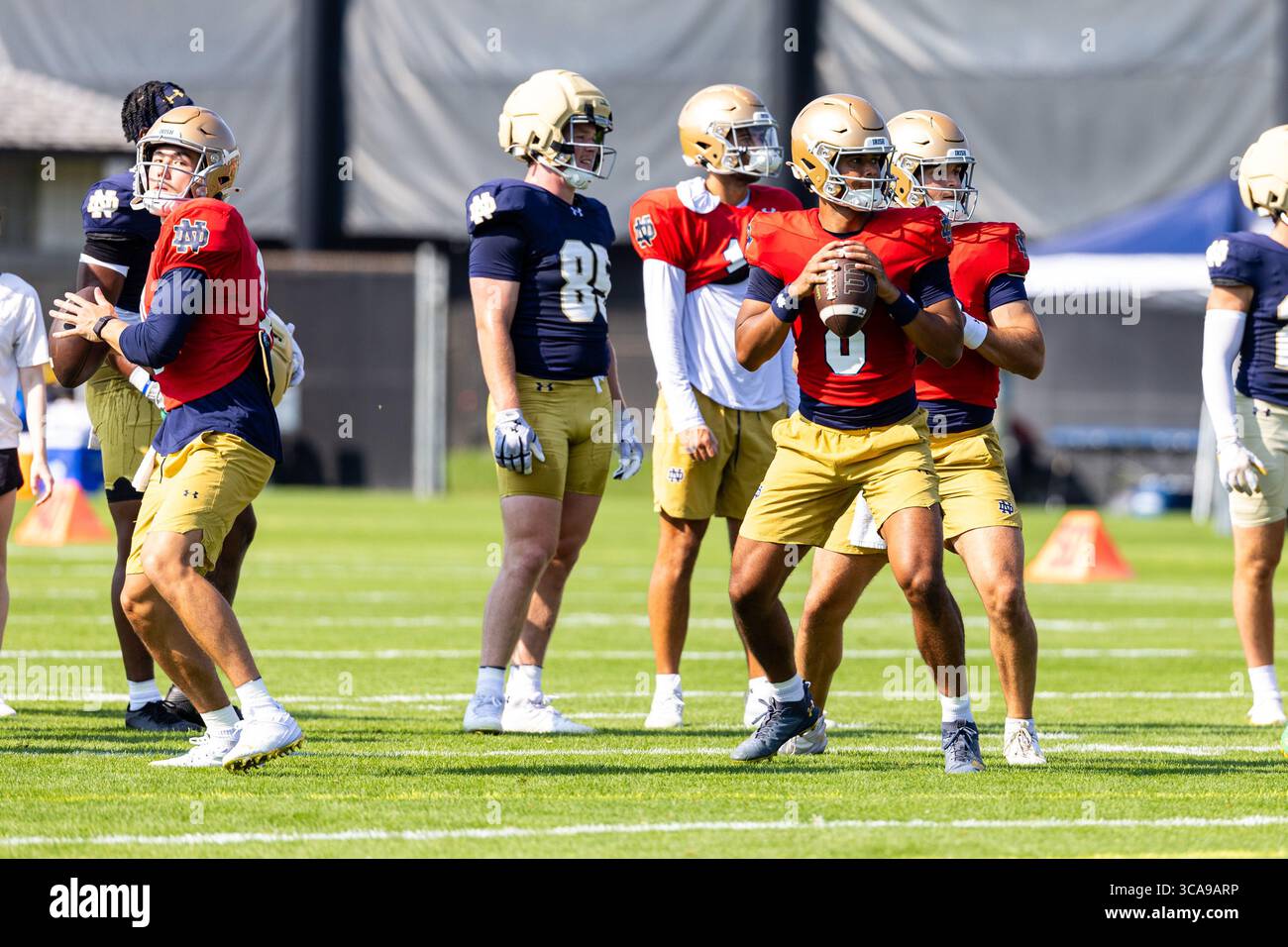 August 06, 2025: Notre Dame quarterbacks run passing drill during the ...
