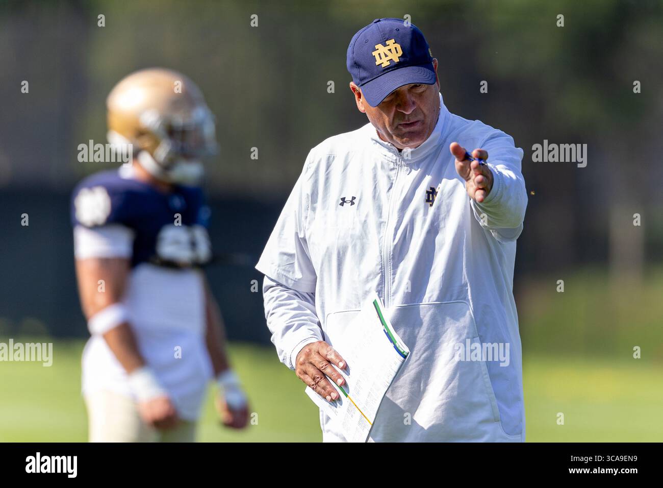 August 06, 2025: Notre Dame offensive coordinator Mike Denbrock teaches ...